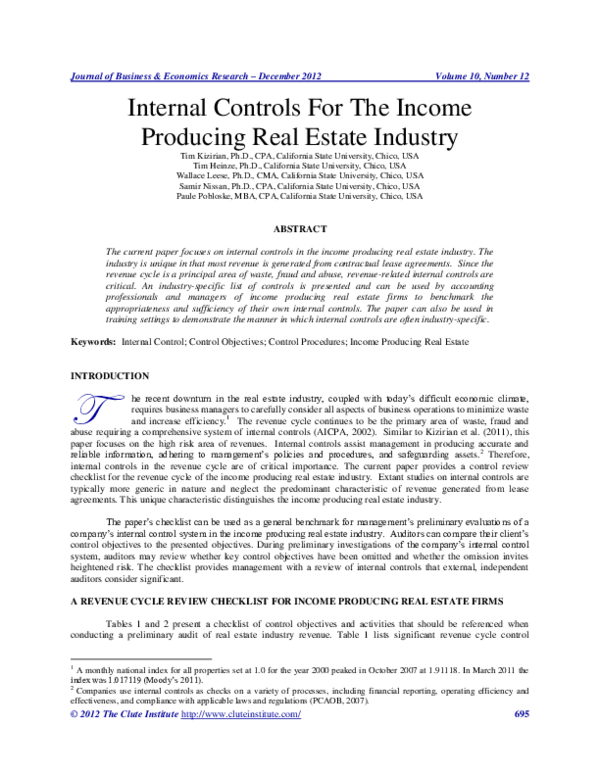 (PDF) Internal Controls For The Income Producing Real Estate Industry