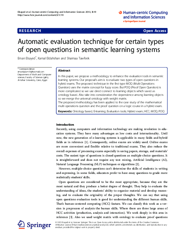 Pdf Automatic Evaluation Technique For Certain Types Of Open Questions In Semantic Learning