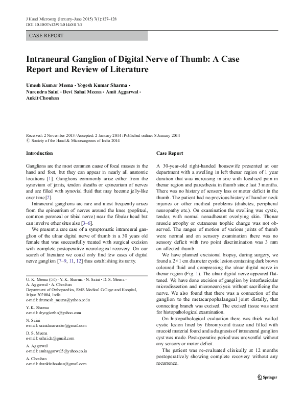 (PDF) Intraneural Ganglion of Digital Nerve of Thumb: A Case Report and ...