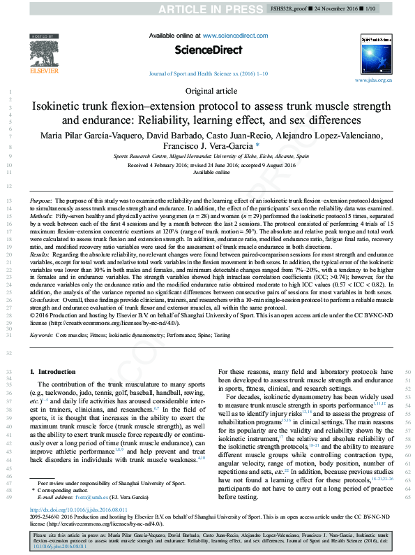 (PDF) Isokinetic trunk flexion–extension protocol to assess trunk ...