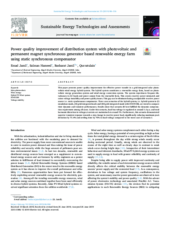 Pdf Power Quality Improvement Of Distribution System By Optimal Placement Of Distributed