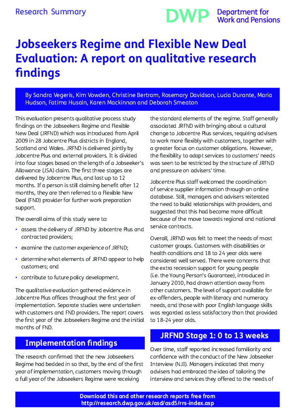 (PDF) Jobseekers Regime and Flexible New Deal evaluation: A report on ...