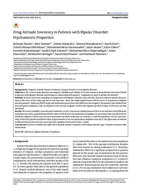 (PDF) Drug Attitude Inventory In Bipolar I Patients: Psychometric ...
