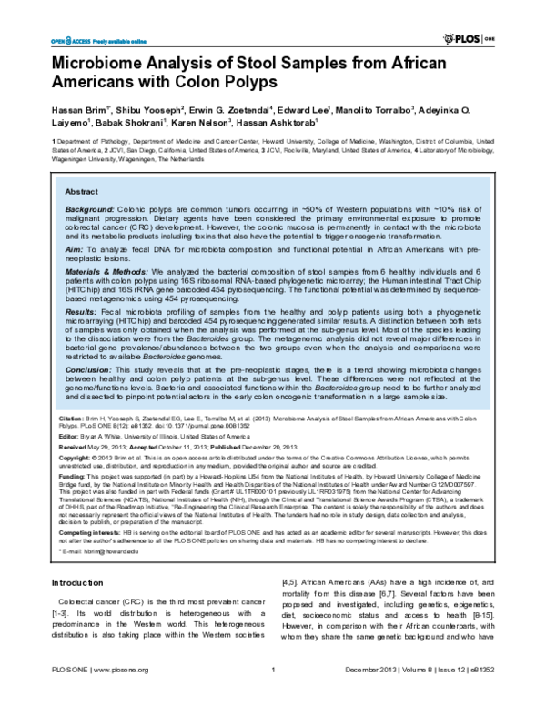 (PDF) Microbiome Analysis of Stool Samples from African Americans with ...