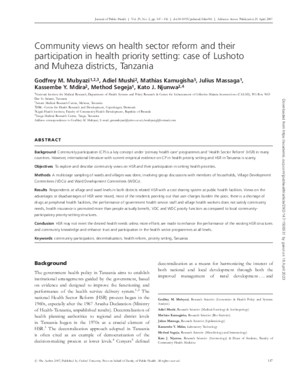 (PDF) participation in health priority setting: case of Lushoto and ...