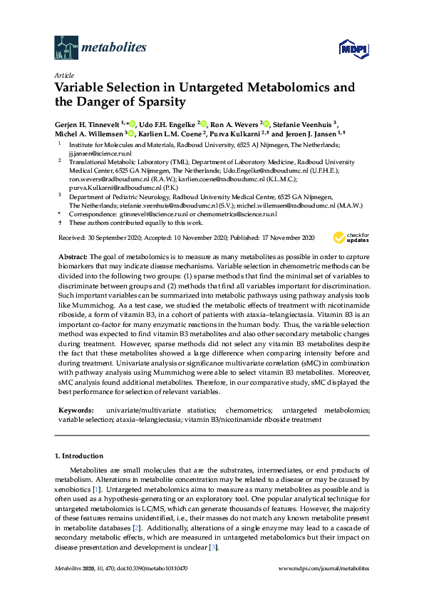 (PDF) Variable Selection in Untargeted Metabolomics and the Danger of Sparsity