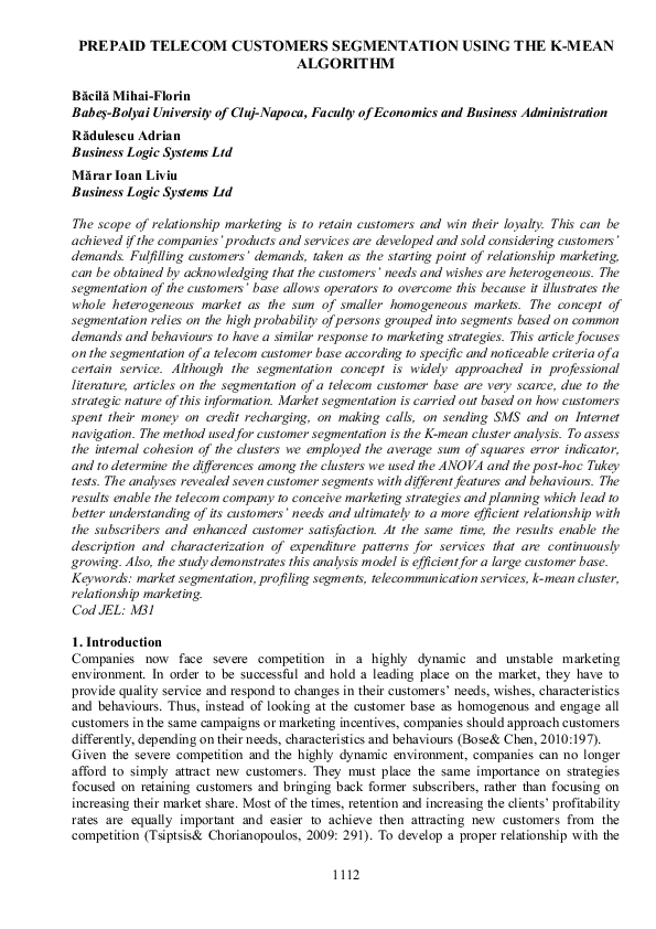 (PDF) Prepaid Telecom Customers Segmentation Using The K-Mean Algorithm