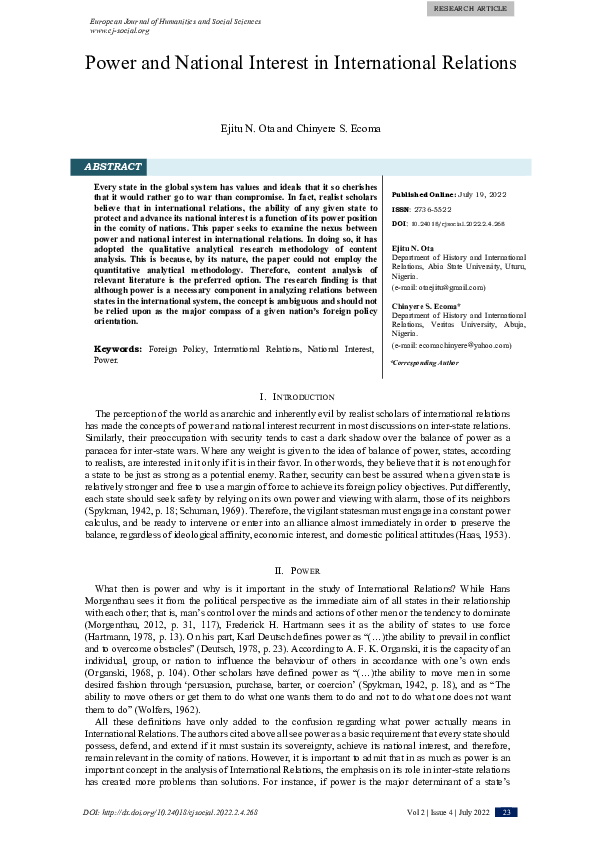 (PDF) Power and National Interest in International Relations