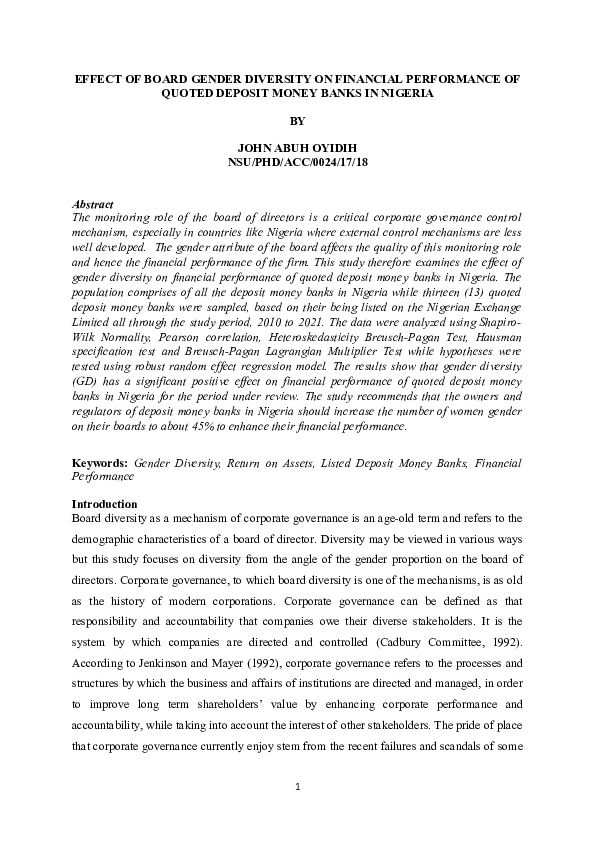 (DOC) EFFECT OF BOARD GENDER DIVERSITY ON FINANCIAL PERFORMANCE OF ...