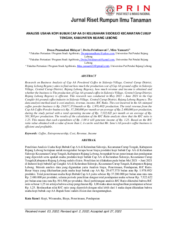 (PDF) Analisis Usaha Kopi Bubuk Cap Aa DI Kelurahan Sidorejo Kecamatan Curup Tengah, Kabupaten ...