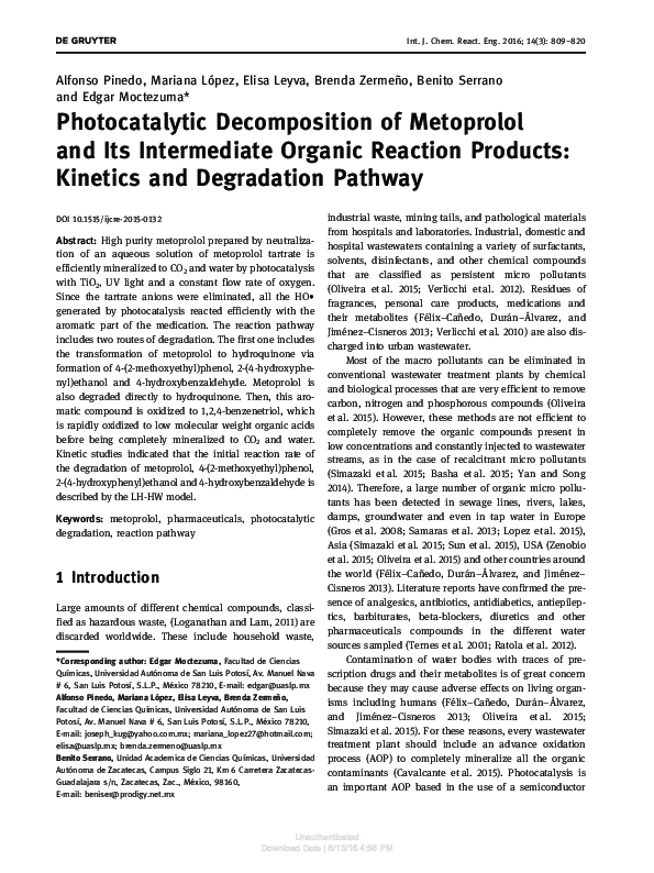 (PDF) Photocatalytic Decomposition of Metoprolol and Its Intermediate ...