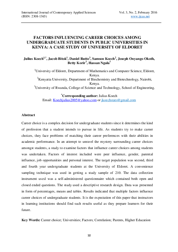 (PDF) Factors Influencing Career Choices Among Undergraduate Students ...