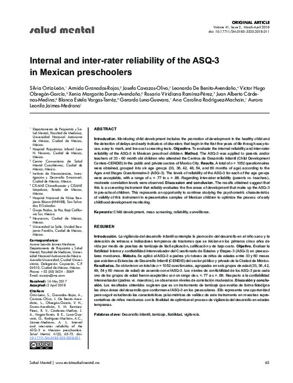 (PDF) Internal and inter-rater reliability of the ASQ-3 in Mexican ...