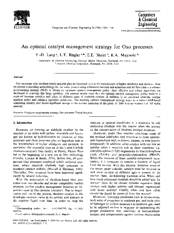 (PDF) An optimal catalyst management strategy for Oxo processes