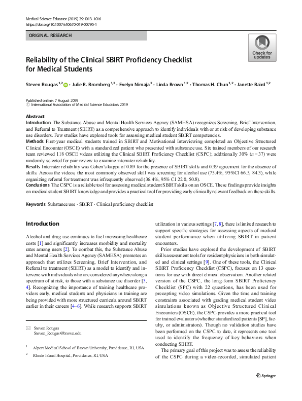 (PDF) Reliability of the Clinical SBIRT Proficiency Checklist for ...
