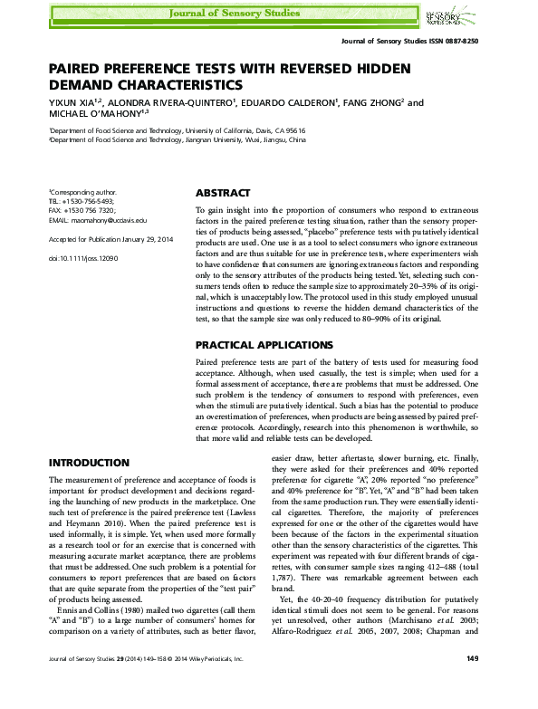 (PDF) Paired Preference Tests with Reversed Hidden Demand Characteristics