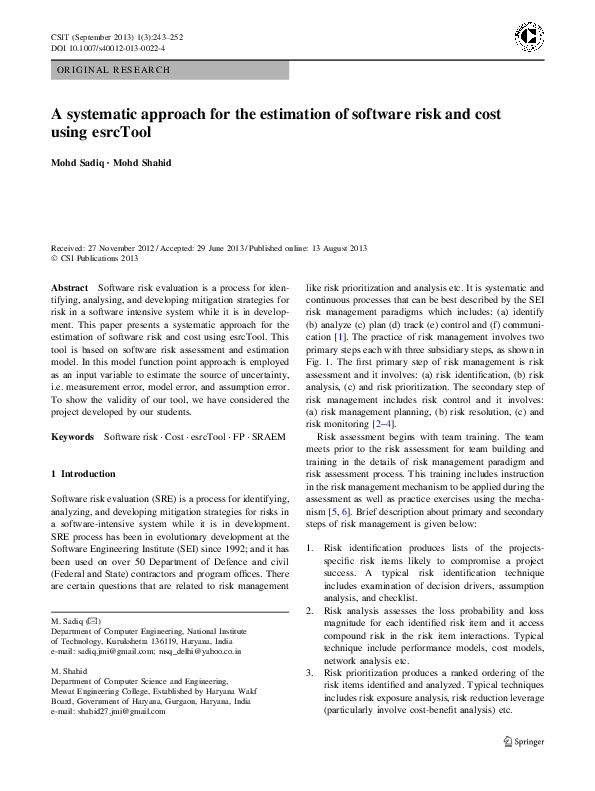 (PDF) A systematic approach for the estimation of software risk and cost using esrcTool