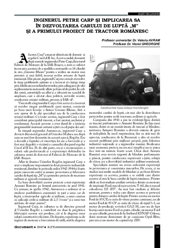 (PDF) Inginerul Petre Carp și implicarea sa în dezvoltarea Carului de ...