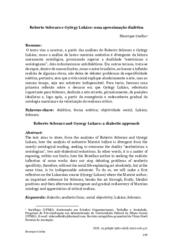 (PDF) Roberto Schwarz e György Lukács: uma aproximação dialética