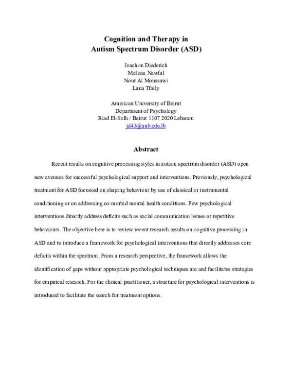 (PDF) Cognition and Therapy in Autism Spectrum Disorder (ASD)