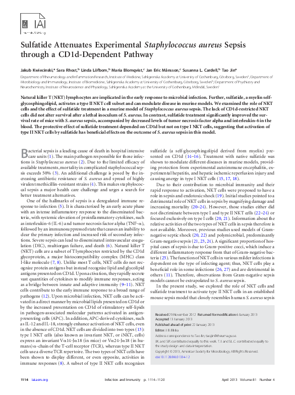 (PDF) Sulfatide Attenuates Experimental Staphylococcus aureus Sepsis ...