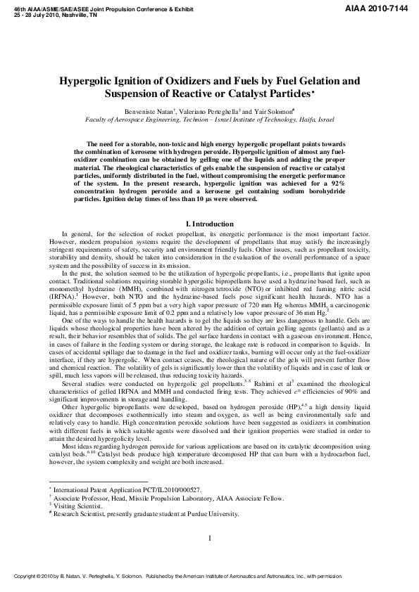 (PDF) Hypergolic Ignition of Oxidizers and Fuels by Fuel Gelation and ...