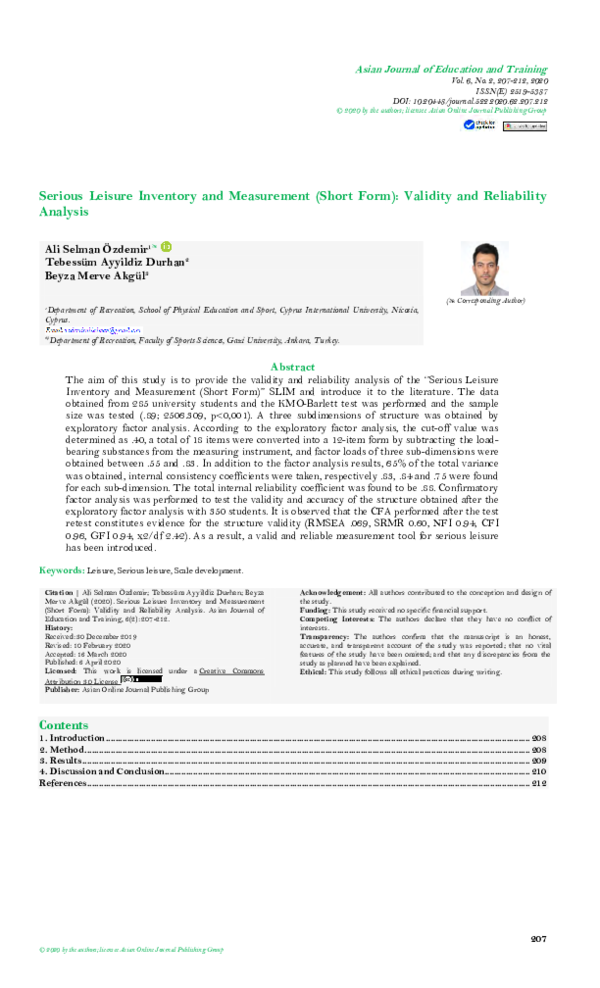 (PDF) Serious Leisure Inventory and Measurement (Short Form): Validity ...