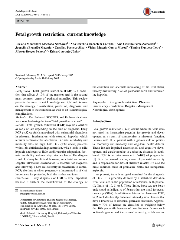 (PDF) Fetal growth restriction: current knowledge