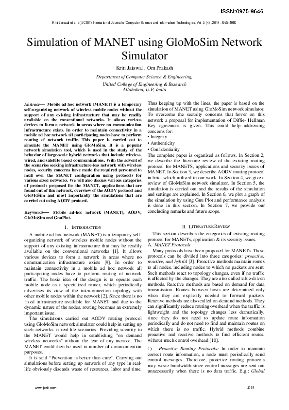 (PDF) Simulation of MANET using GloMoSim Network Simulator
