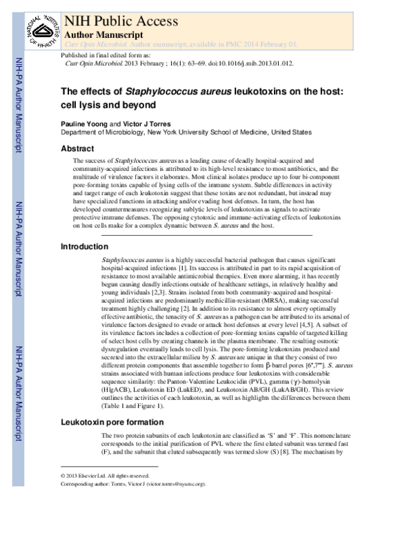Pdf The Effects Of Staphylococcus Aureus Leukotoxins On The Host Cell Lysis And Beyond