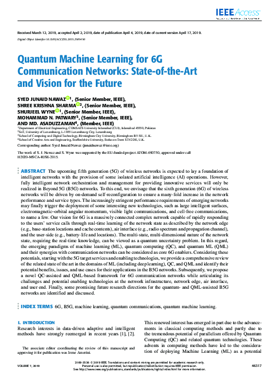 (PDF) Quantum Machine Learning for 6G Communication Networks: State-of-the-Art and Vision for ...