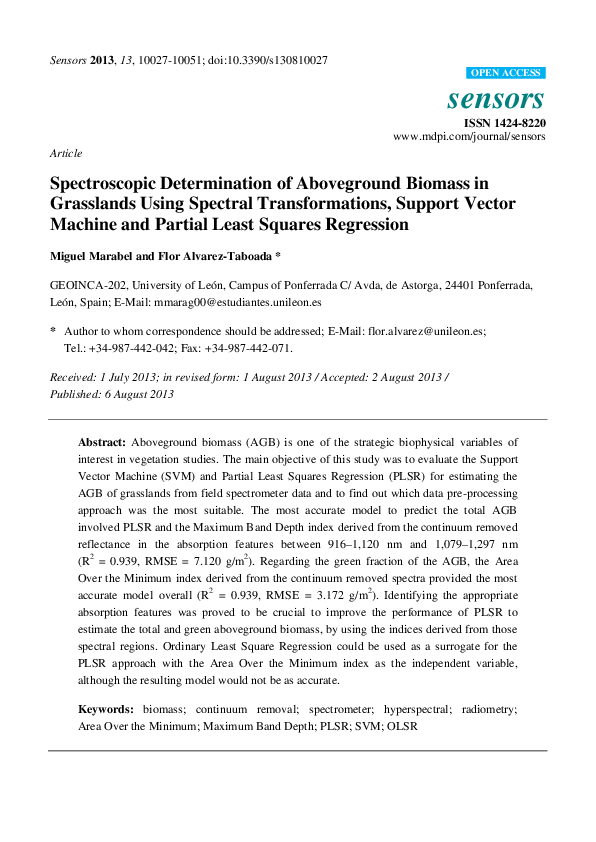 (PDF) Spectroscopic Determination of Aboveground Biomass in Grasslands Using Spectral ...