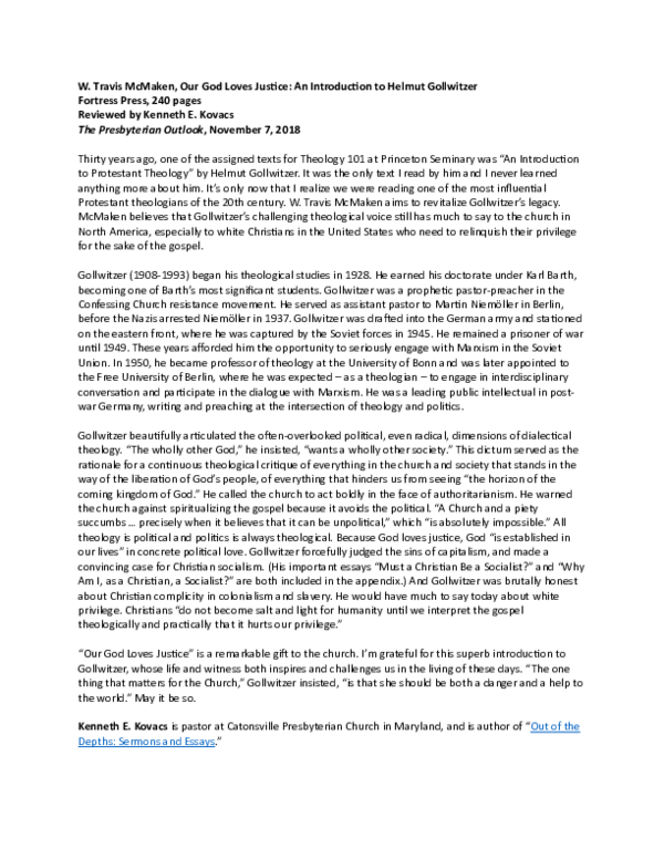 (PDF) Our God Loves Justice: An Introduction to Helmut Gollwitzer by W. Travis McMaken