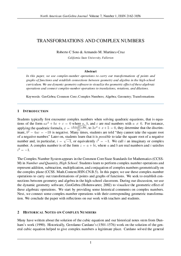 (PDF) Transformations and Complex Numbers