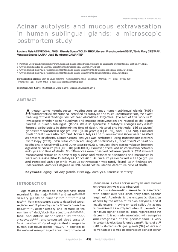 (PDF) Acinar autolysis and mucous extravasation in human sublingual ...