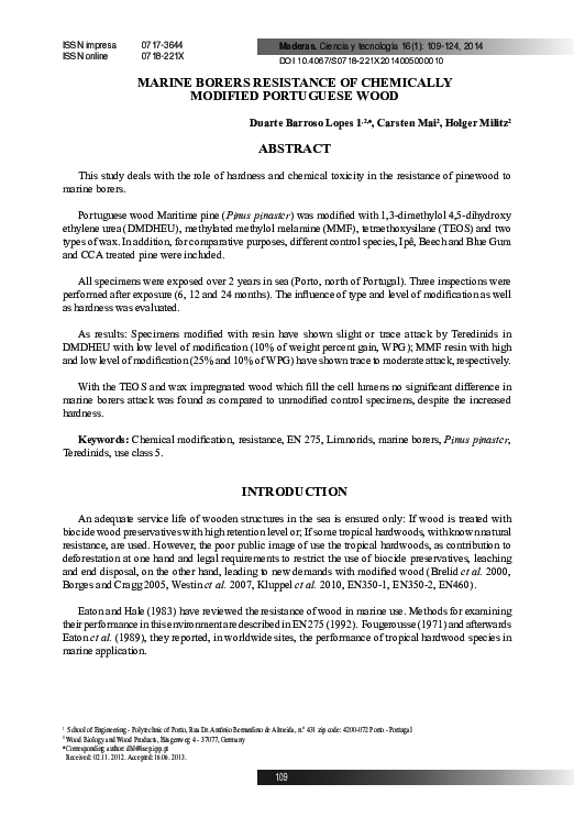 (PDF) Marine borers resistance of chemically modified portuguese wood