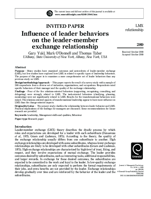 (PDF) Influence of leader behaviors on the leader‐member exchange relationship
