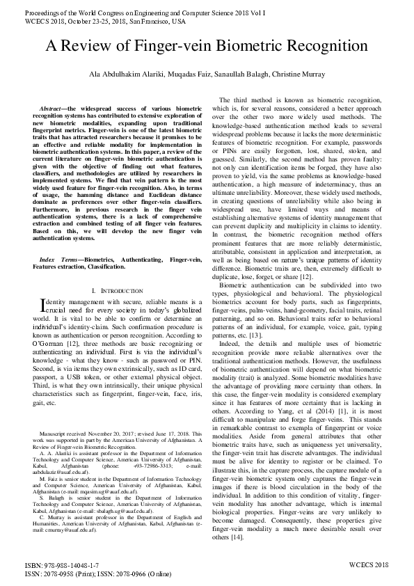 (PDF) A Review of Finger-vein Biometric Recognition | muqadas faiz - Academia.edu