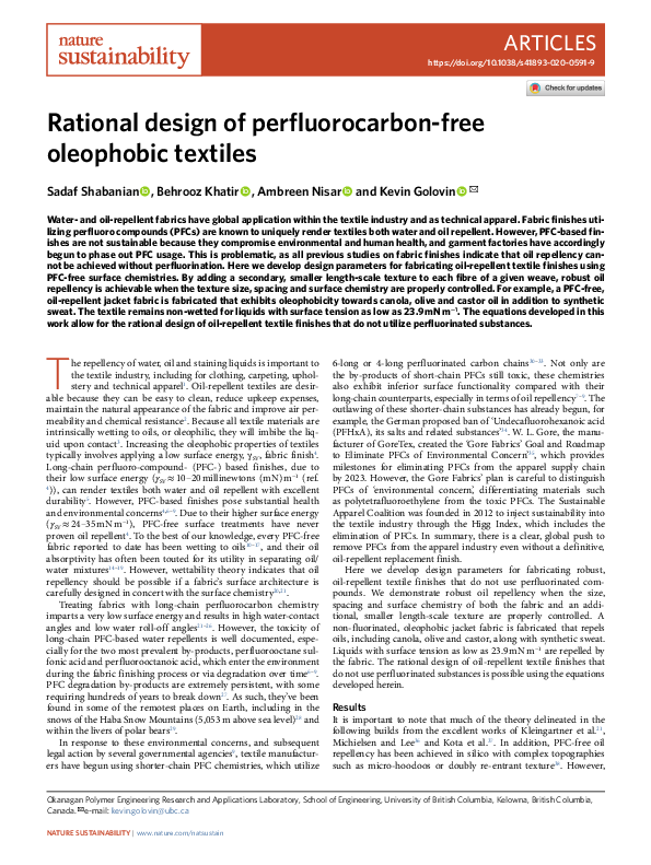 (PDF) Rational design of perfluorocarbon-free oleophobic textiles