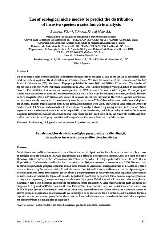 (PDF) Use of ecological niche models to predict the distribution of invasive species: a ...