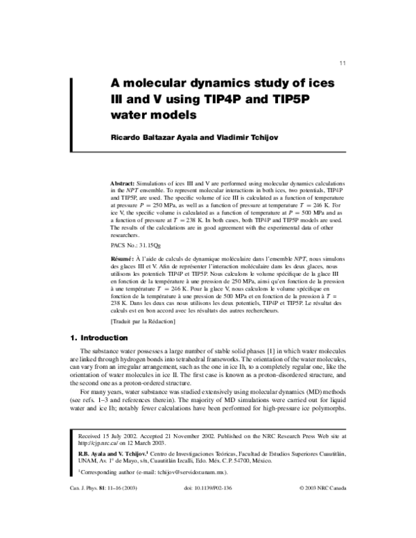 (PDF) A molecular dynamics study of ices III and V using TIP4P and ...