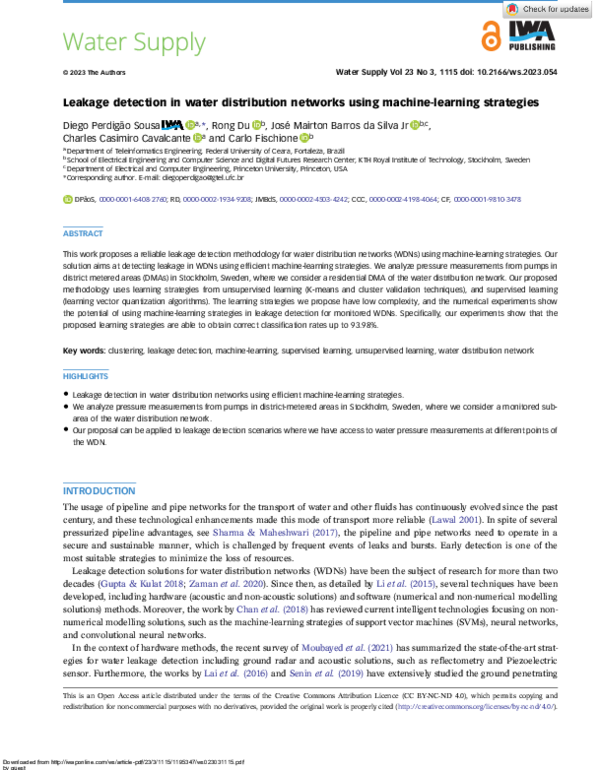 Pdf Leakage Detection In Water Distribution Networks Using Machine Learning Strategies