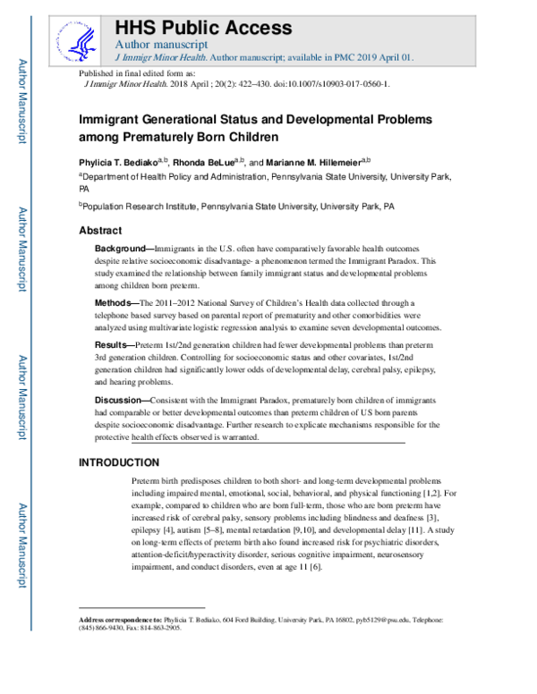 (PDF) Immigrant Generational Status and Developmental Problems among ...