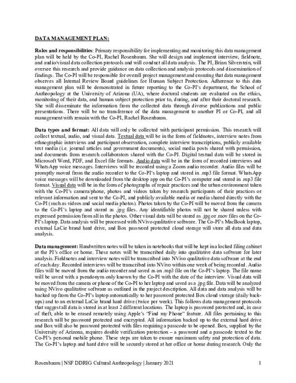 (PDF) NSF Cultural Anthropology DDRI Data Management Plan