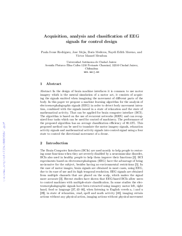 (PDF) Acquisition , analysis and classification of EEG signals for control design
