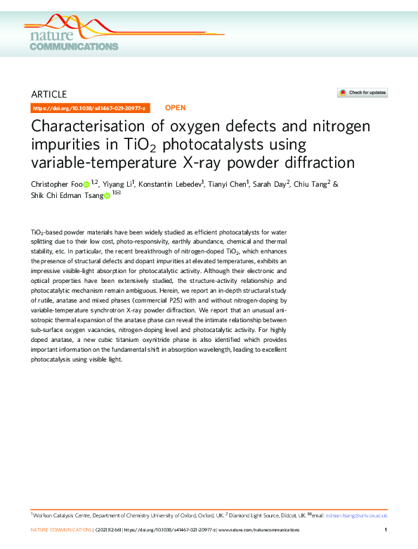 (PDF) Characterisation of oxygen defects and nitrogen impurities in TiO2 photocatalysts using ...