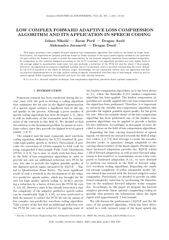 (PDF) Low Complex Forward Adaptive Loss Compression Algorithm and Its Application in Speech Coding