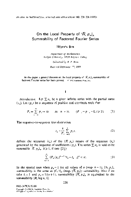 Pdf On The Local Property Of ¦n̄ Pn¦k Summability Of Factored Fourier Series