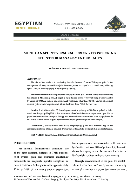 (PDF) Michigan Splint Versus Superior Repositioning Splint For ...