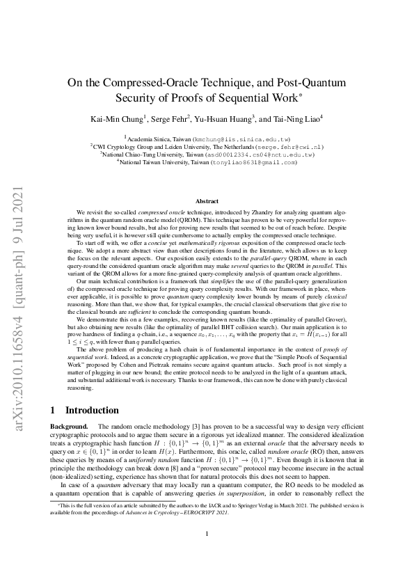 (PDF) On the Compressed-Oracle Technique, and Post-Quantum Security of ...